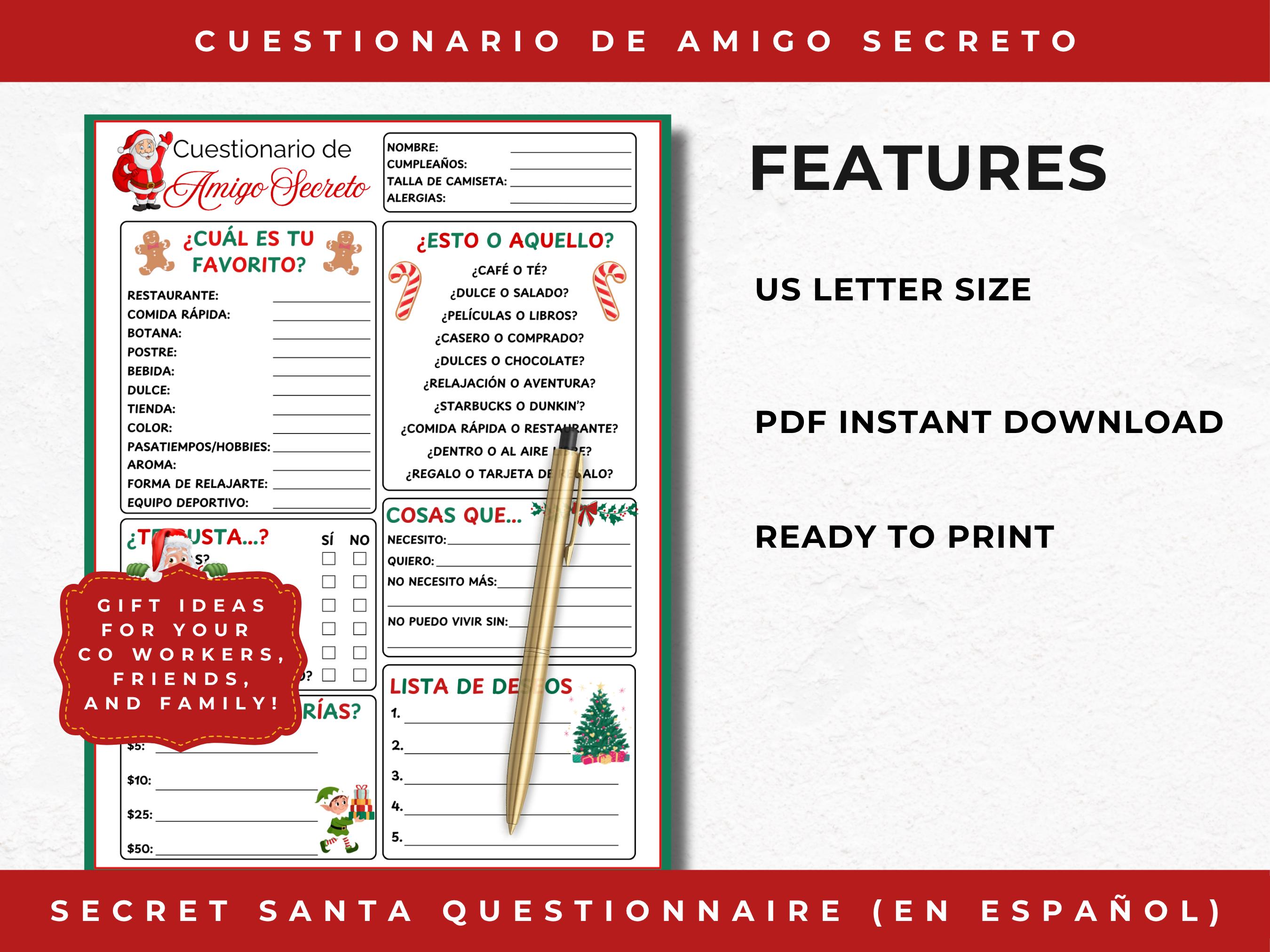 Spanish Secret Santa Questionnaire | Christmas Gift Exchange (instant ...