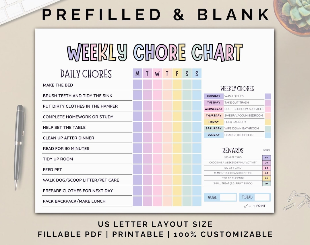 Printable Kids Chore Chart: Daily & Weekly Responsibility (editable ...