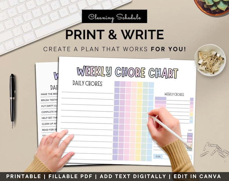 Printable Chore Chart for Kids, Kids Daily Weekly Responsibility Chart ...