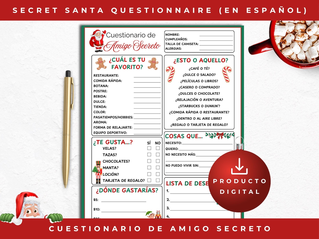 Spanish Secret Santa Questionnaire | Christmas Gift Exchange (instant ...