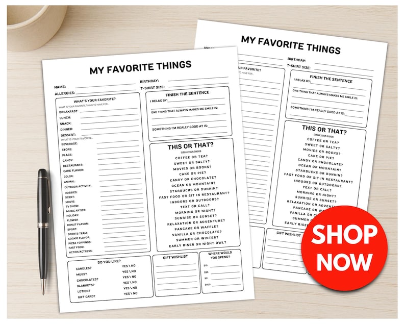Printable Favorite Things Questionnaire: Get to Know You Survey (PDF ...