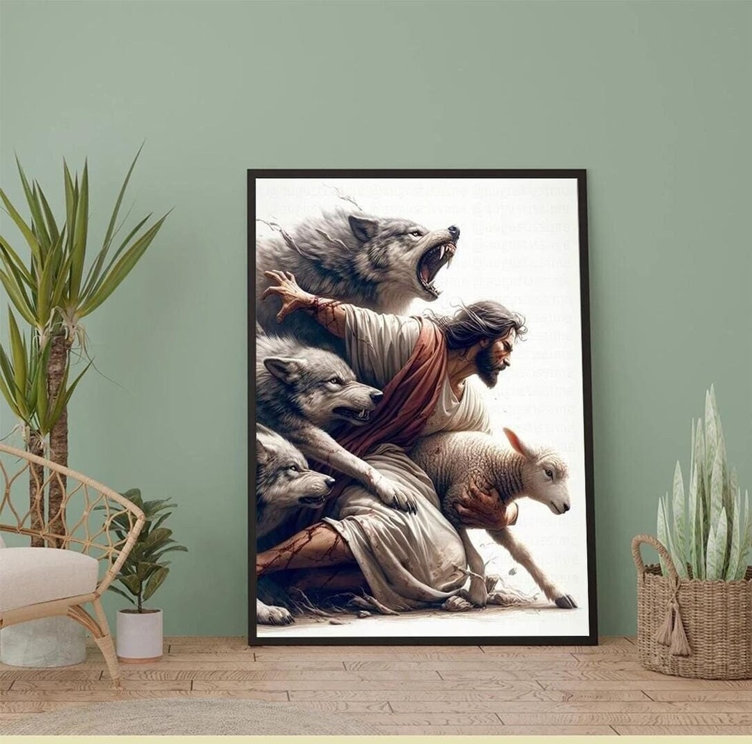 Divine Protection Canvas Print, Jesus Protecting the Lamb From Wolves ...