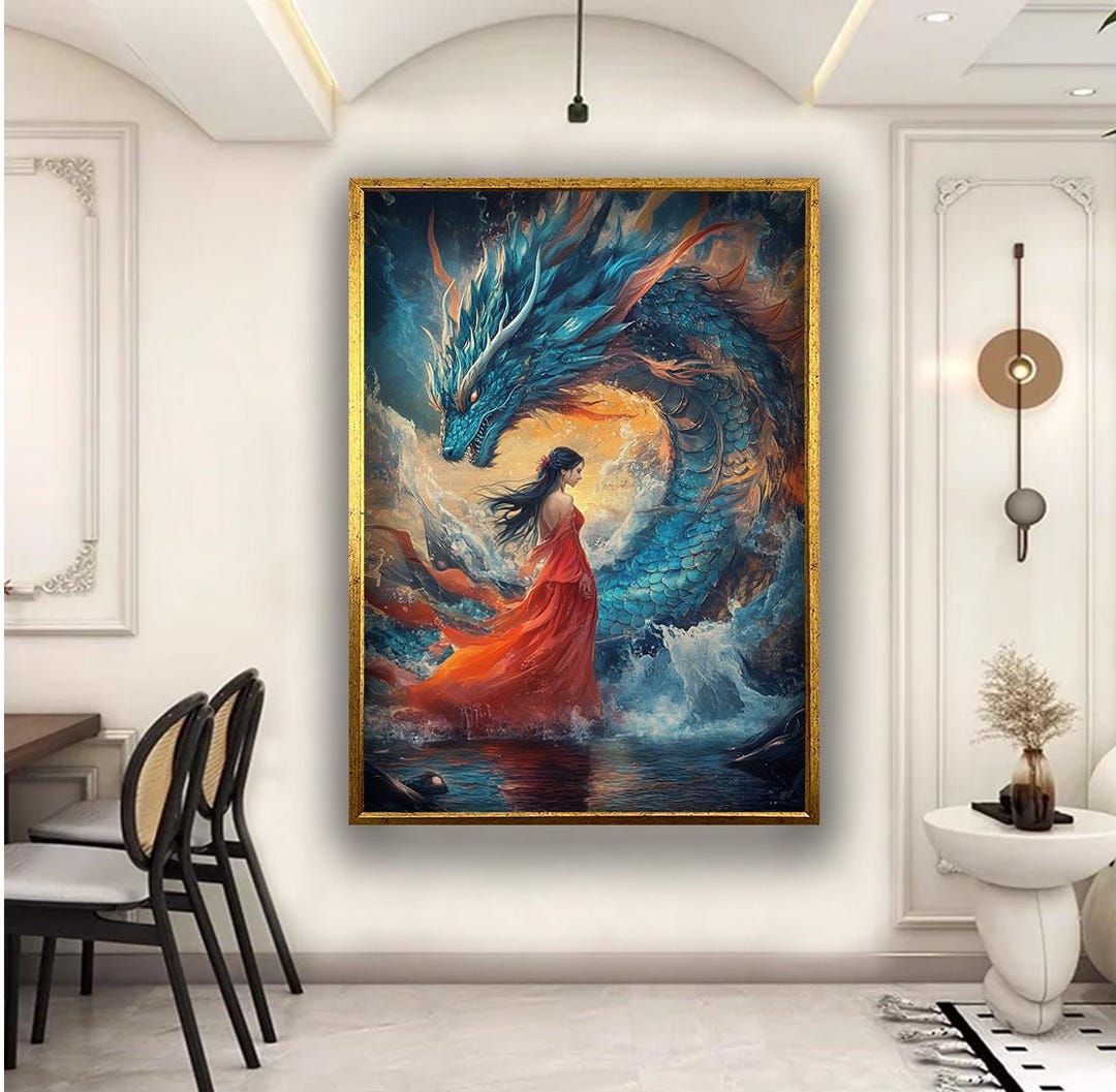 Epic Fantasy Dragon and Lady Art Print - Mythical Woman in Red Dress ...