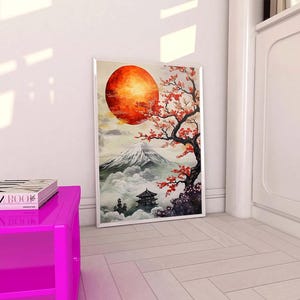 Japanese Cherry Blossom Tree With Red Sun Art Print - Traditional ...