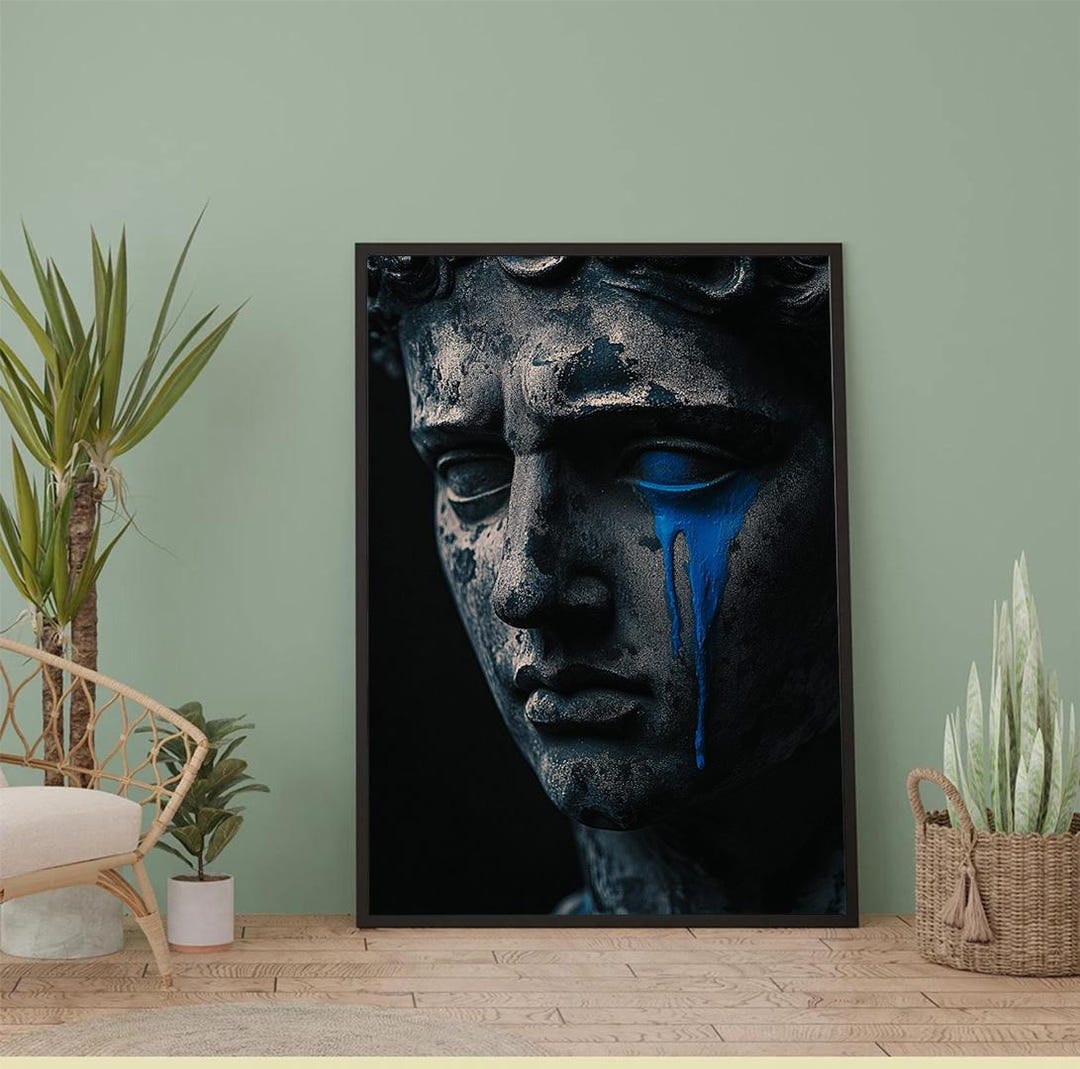 Classical Statue With Blue Tear Canvas Art, Modern Neo-classical Wall ...