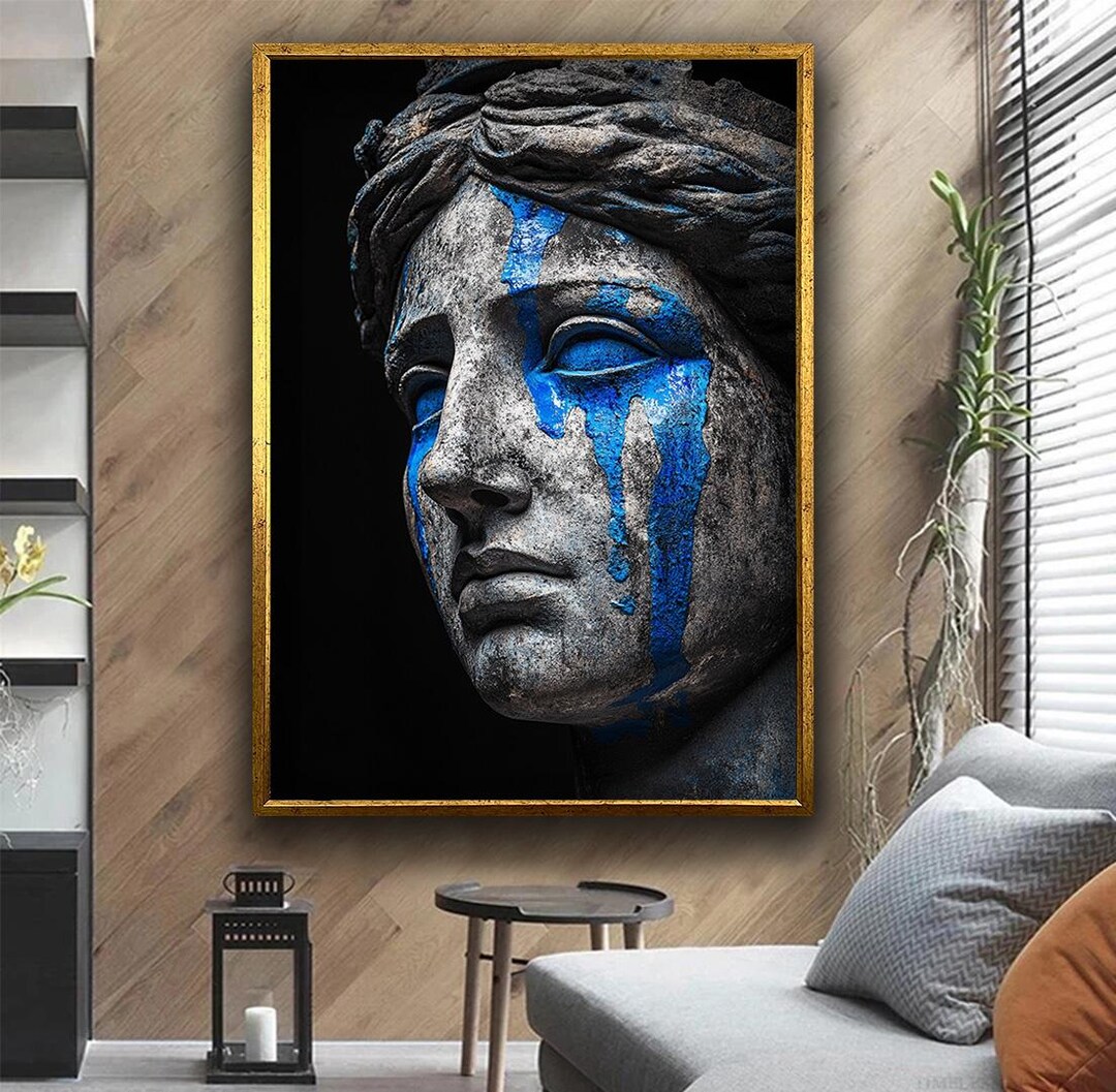 Neo-classical Statue Art With Blue Paint Drips, Modern Fine Art Canvas ...