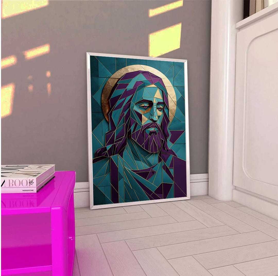 Geometric Jesus Christ Canvas Print | Modern Stained Glass Style ...