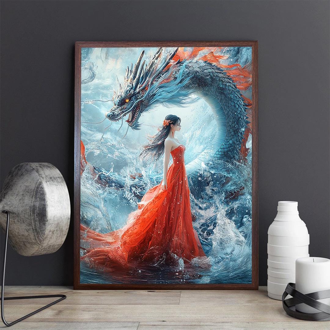 Epic Dragon and Lady Fantasy Art Print - Mythical Woman in Red Dress ...