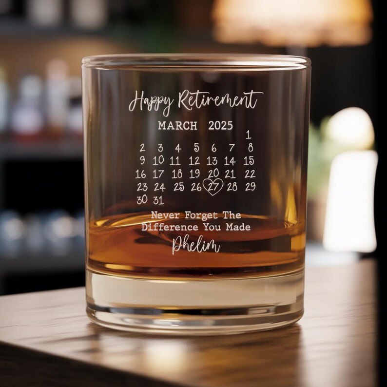 Custom Name Retirement Calender Whiskey Glass – Retirement Gift for Men ...