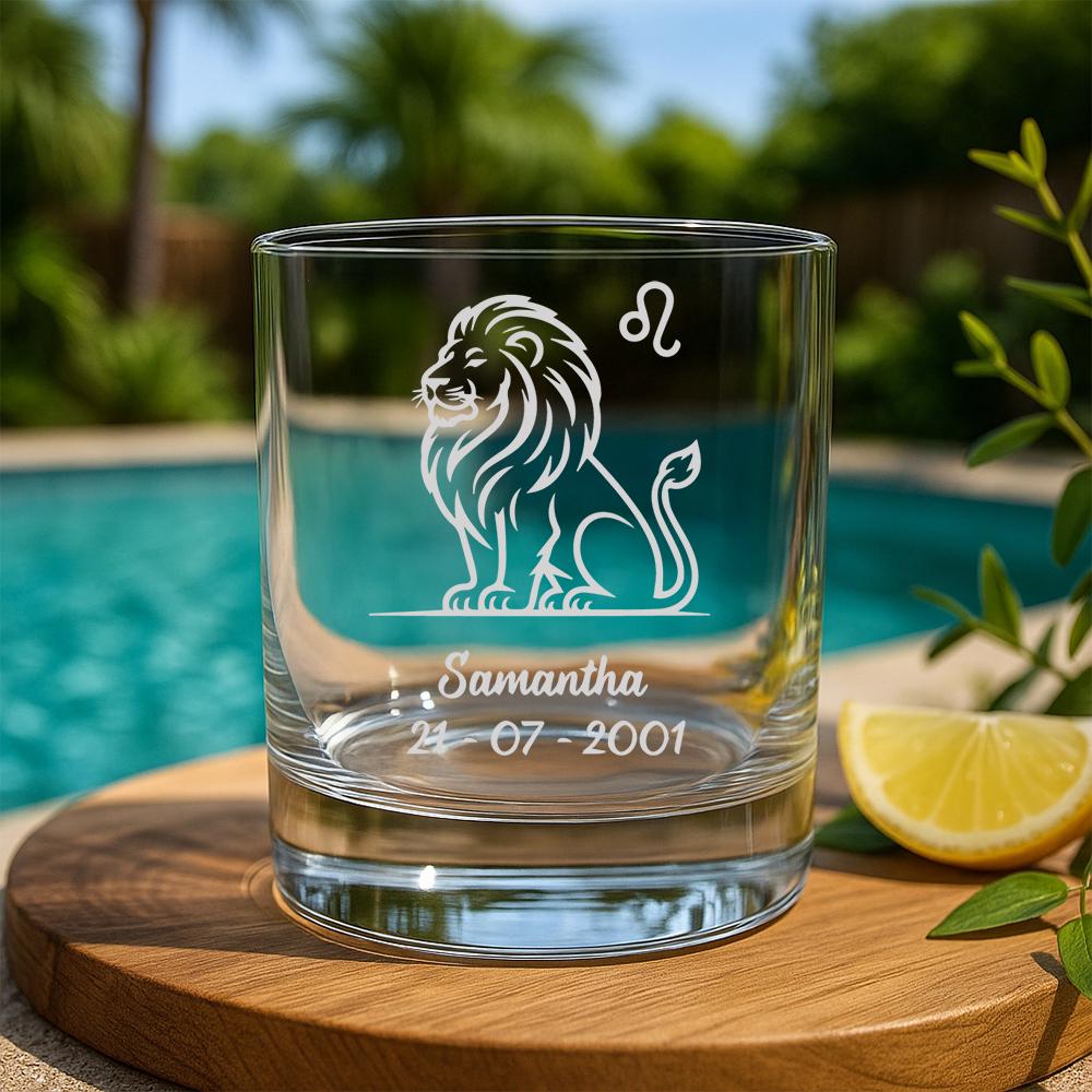 Custom Leo Zodiac Glass | Etched Lion Symbol With Name & Birthdate ...