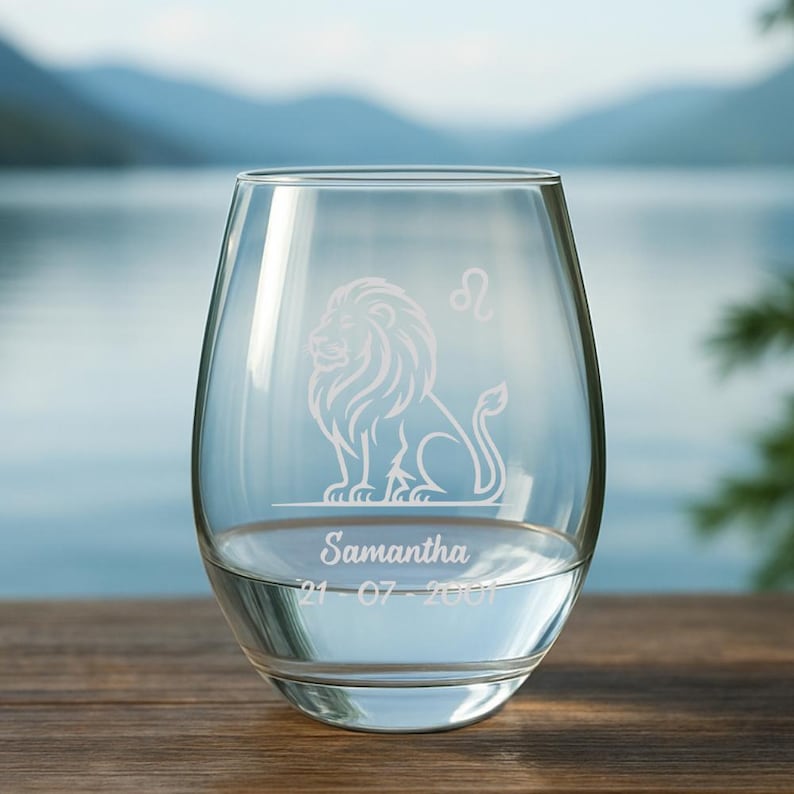 Custom Leo Zodiac Glass | Etched Lion Symbol With Name & Birthdate ...