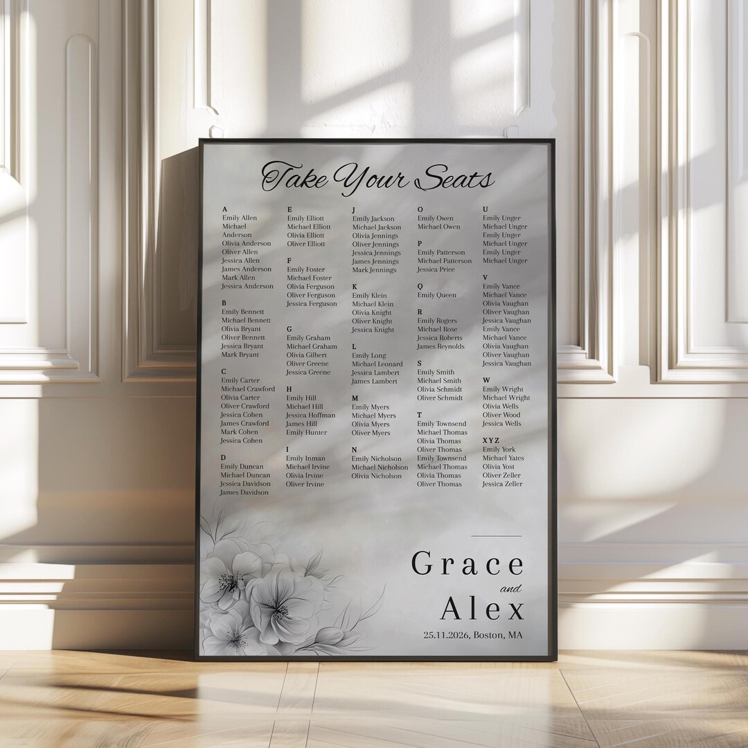 Modern Solid Alphabetical Seating Chart Template, Wedding Seating Chart ...