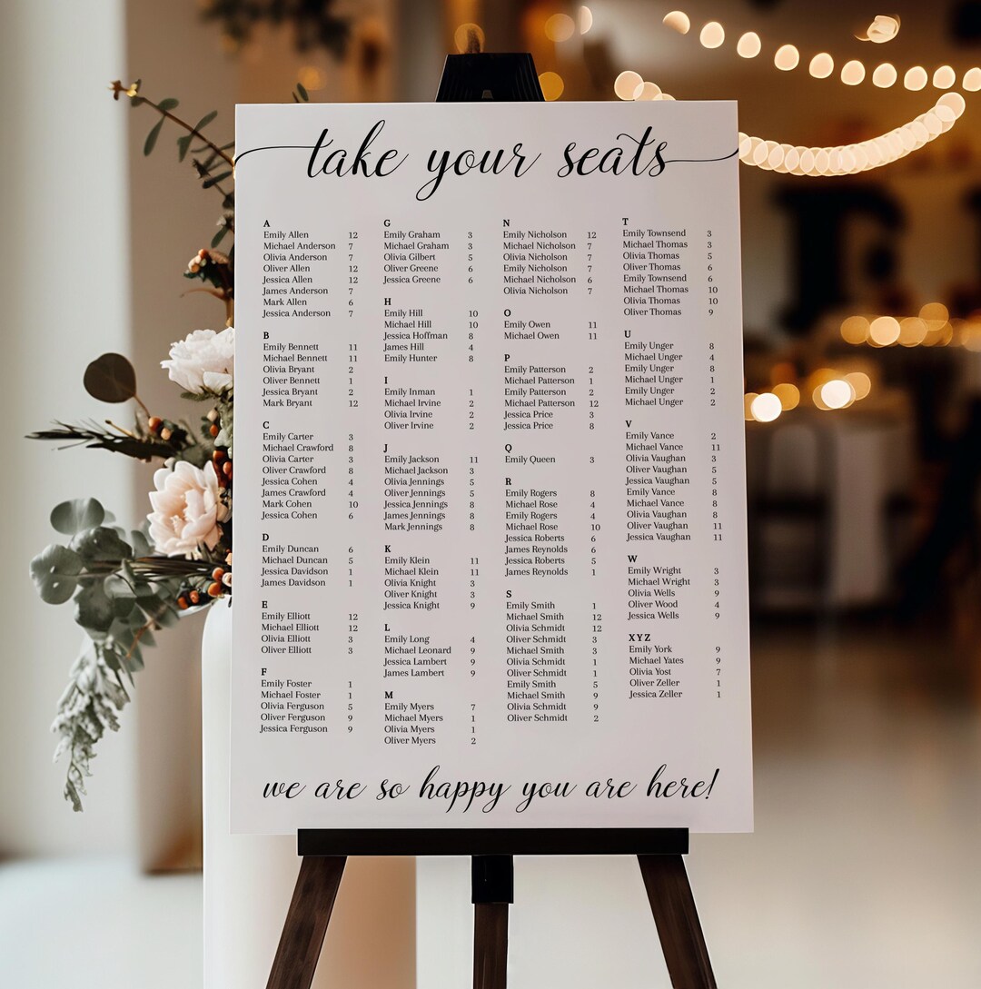 Minimalistic Alphabetical Seating Chart Template, Modern Wedding ...