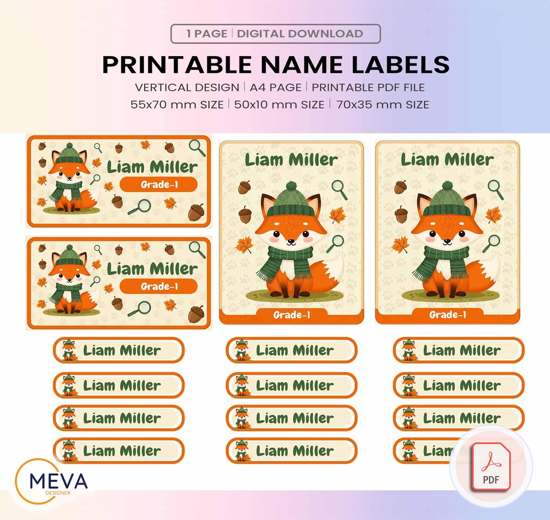Personalized Printable Fox Name Labels for School, Cute Woodland Animal ...