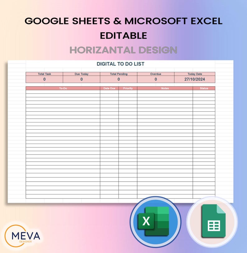 Digital to Do List Printable Minimalist Excel & Google Sheets Planner ...