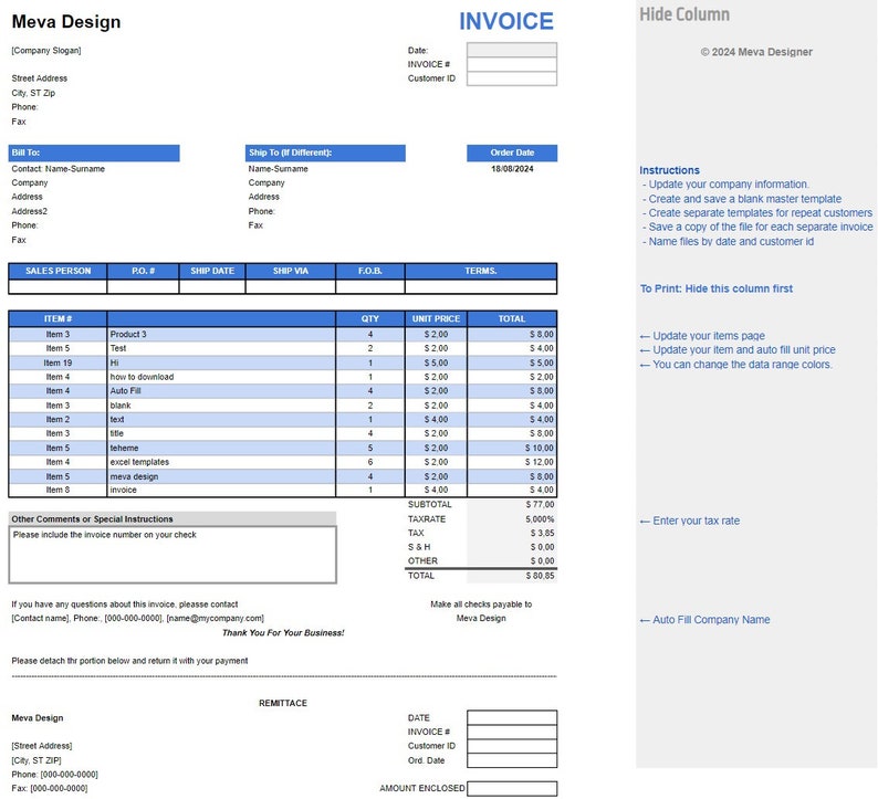 Editable Invoice Template: Modern Design for Excel, Google Sheets, Word ...