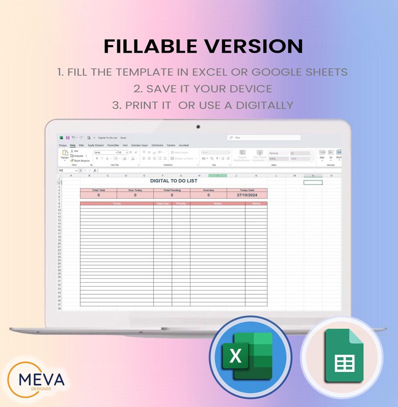 Digital to Do List Printable - Minimalist Excel & Google Sheets Planner ...