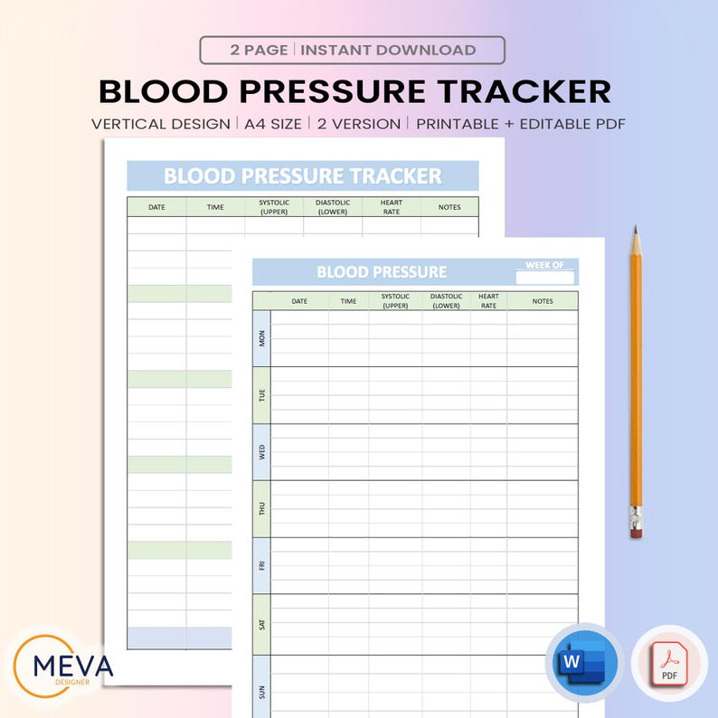 Blood Pressure Tracker Printable, Daily - Weekly BP Log, Instant ...