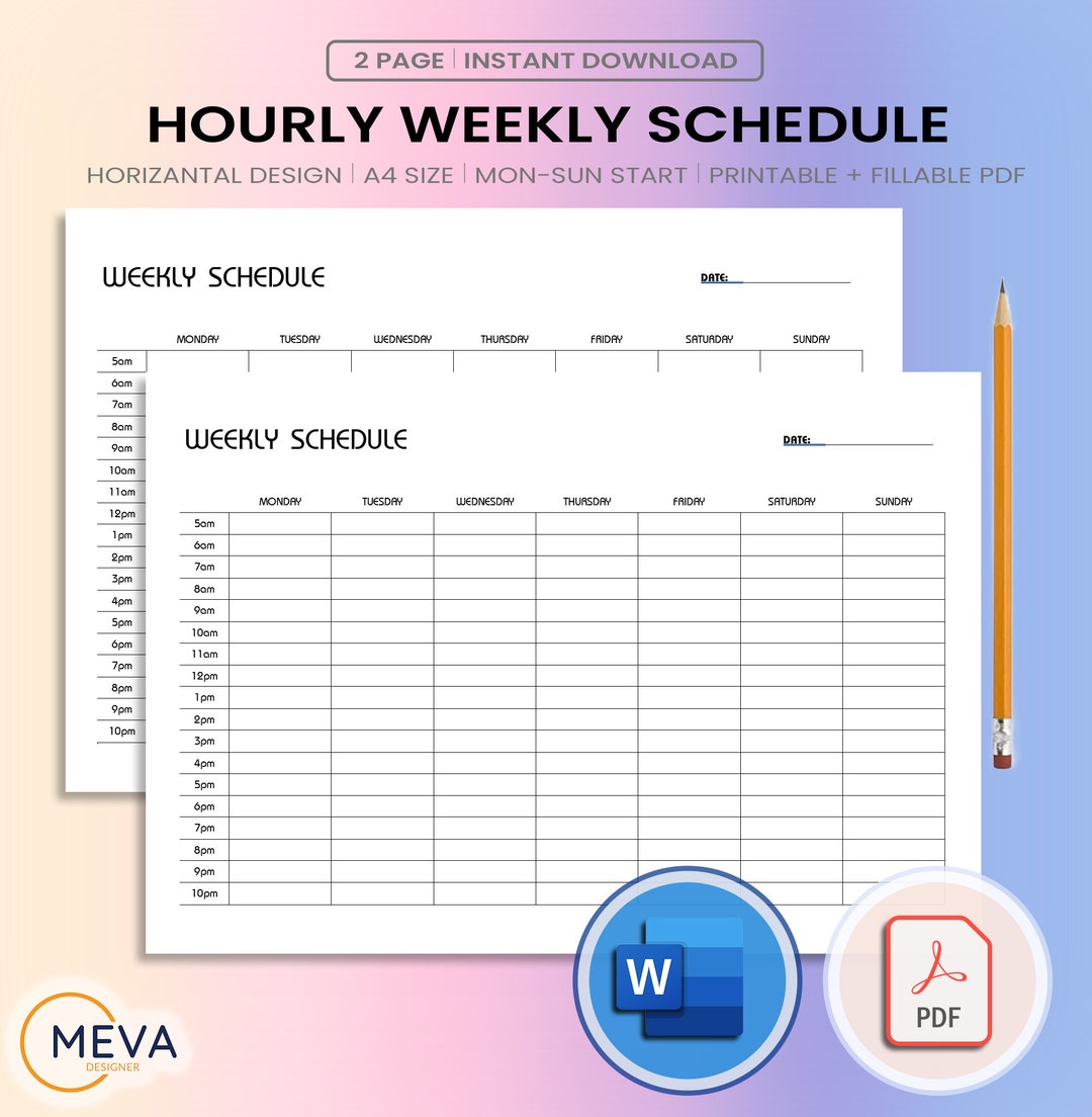 Hourly Weekly Schedule Template Monday to Sunday Editable Planner ...