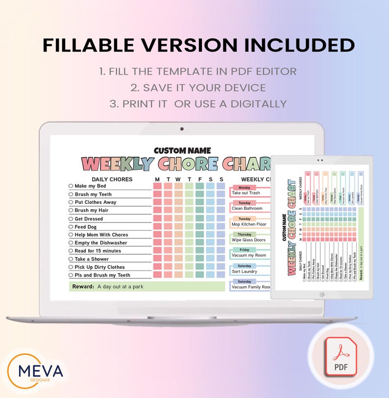 Kids Weekly Chore Chart: Reward Tracker, Routine Planner (printable PDF ...