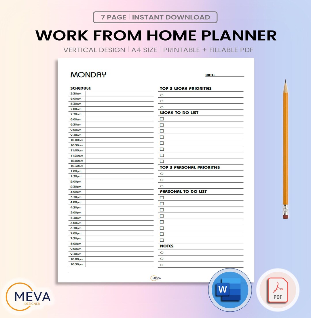 Editable Work Home Planner: PDF & Word Template (digital Download - Etsy