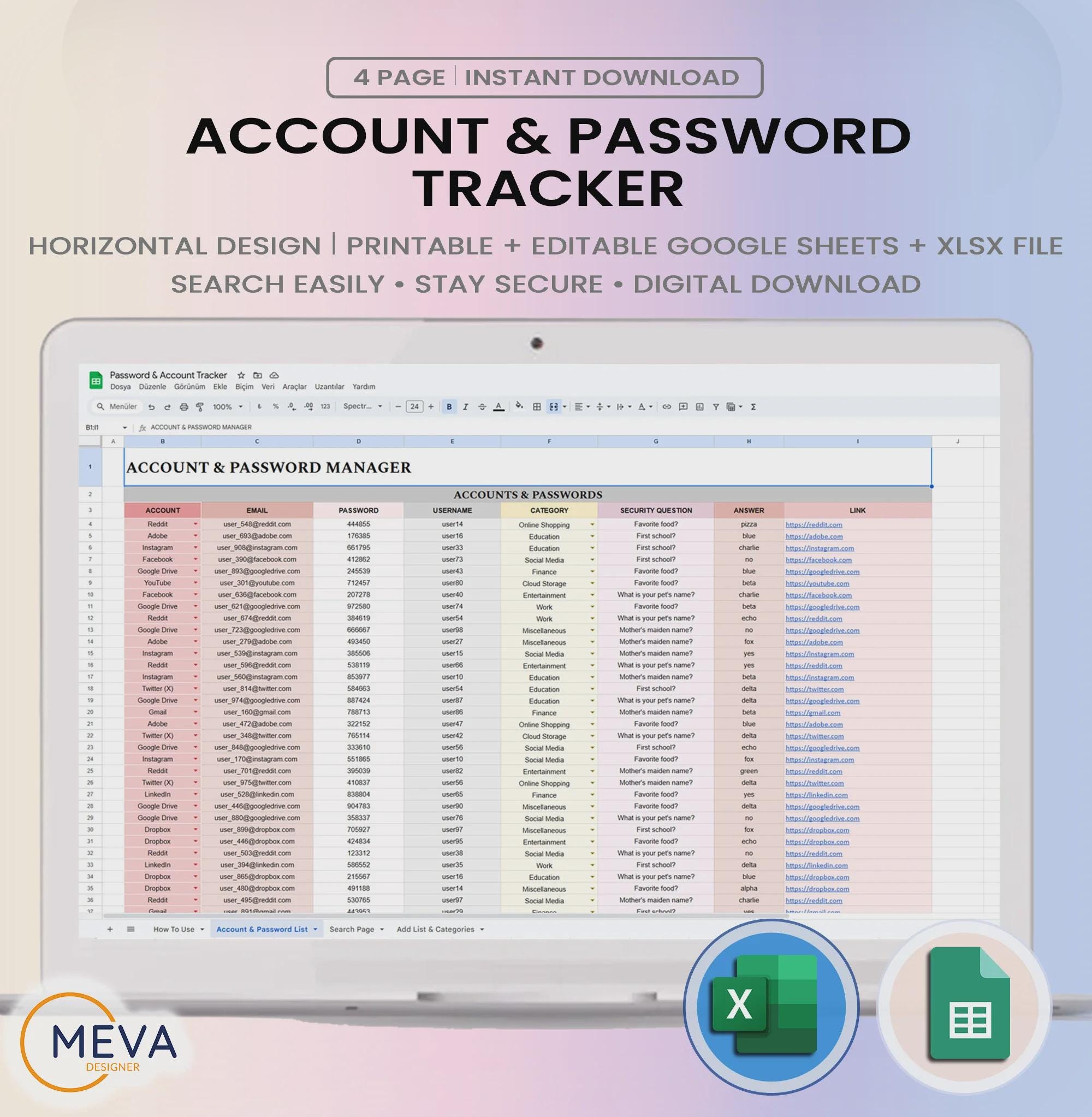 Account & Password Tracker | Editable Google Sheets - Excel Template ...