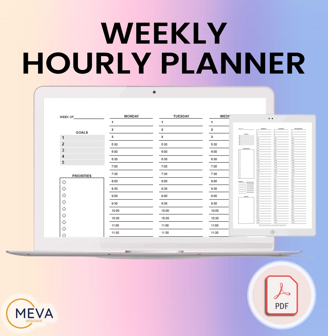 Hourly Weekly Schedule Template | Monday to Sunday Editable Planner ...
