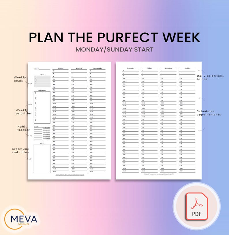 Hourly Weekly Schedule Template | Monday to Sunday Editable Planner ...