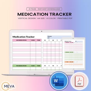 Medication Tracker, Editable Microsoft Word & Adobe PDF, 4 Color Design ...