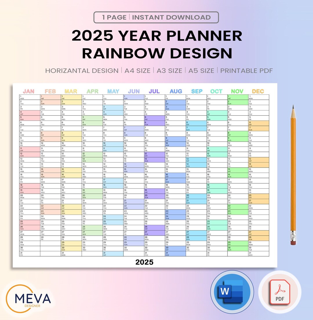 2025 Year Rainbow Planner - Minimalistic Printable Calendar, Vertical ...