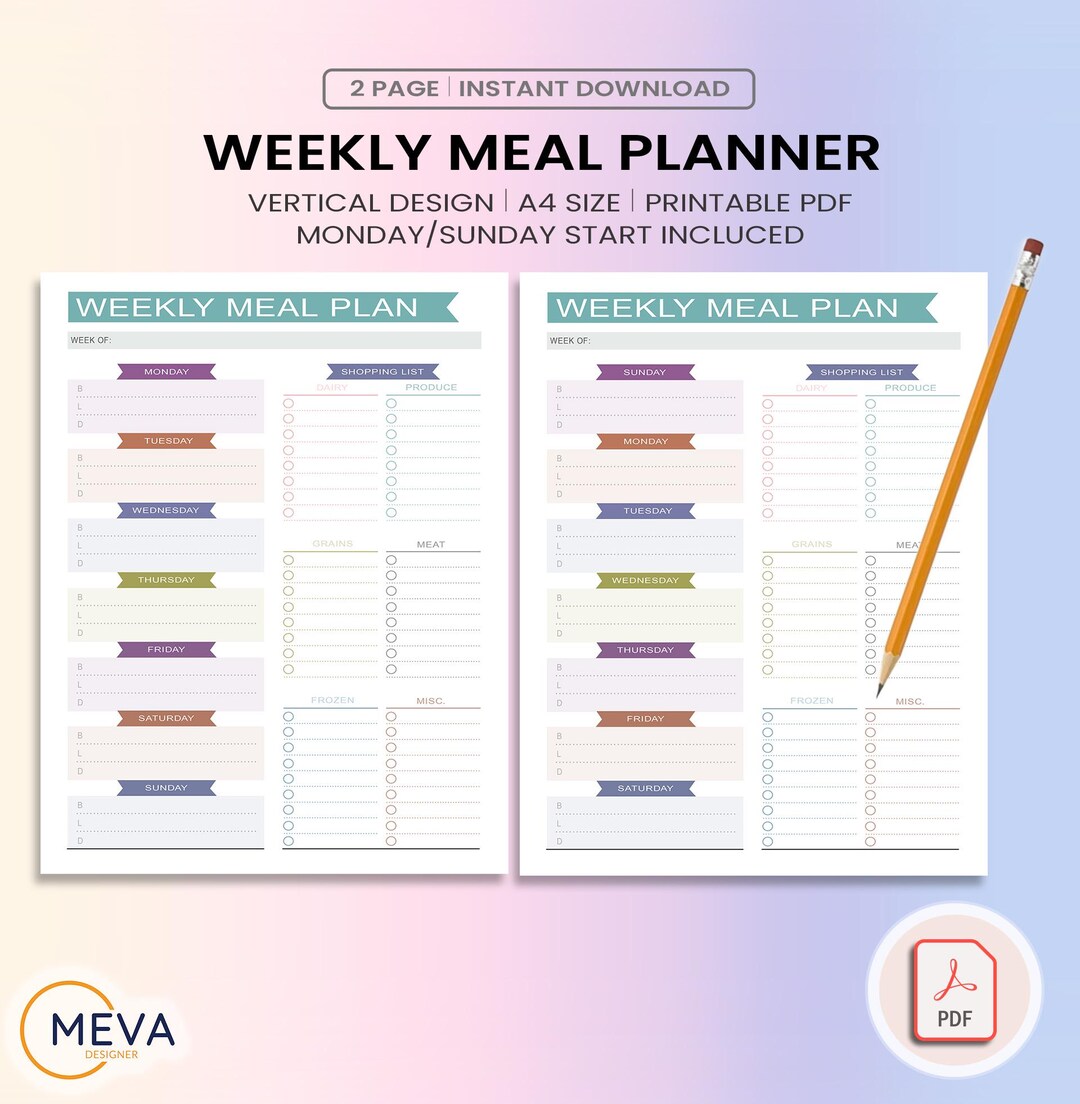 Weekly Meal Planner Printable: A4 Size, Monday/sunday Start (PDF ...