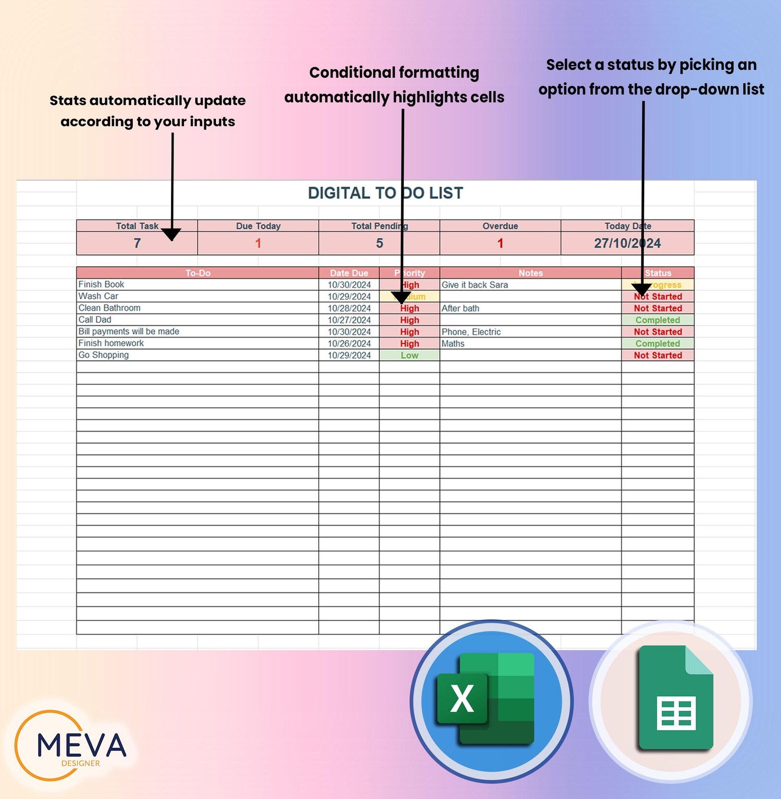 Digital to Do List Printable Minimalist Excel & Google Sheets Planner ...