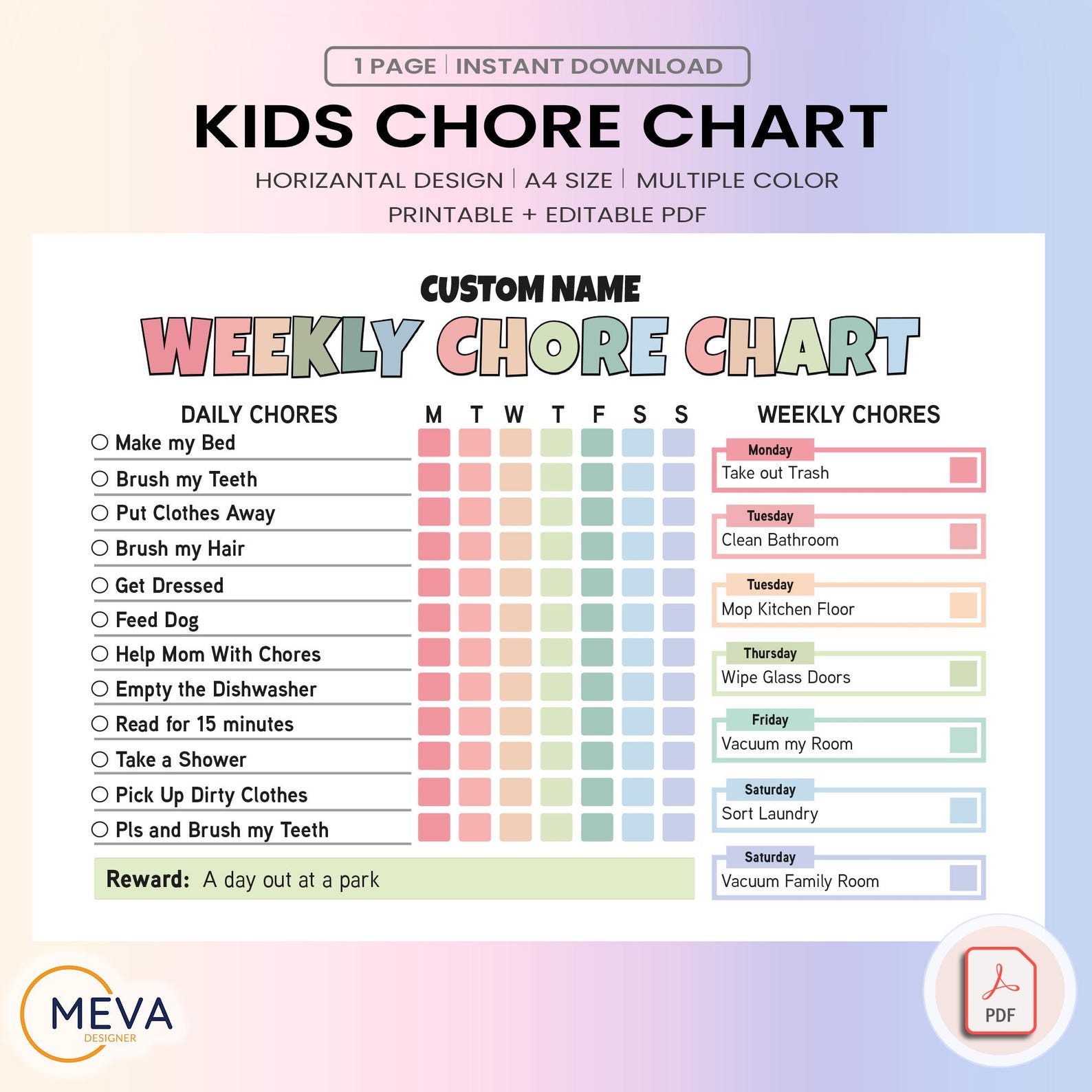 Kids Weekly Chore Chart: Reward Tracker, Routine Planner (printable PDF ...