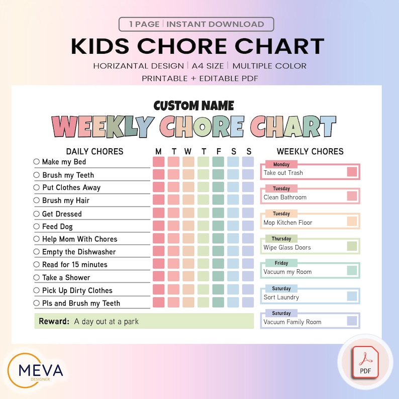 Weekly Chore Chart for Kids Printable PDF A4 – Daily & Weekly Tasks ...