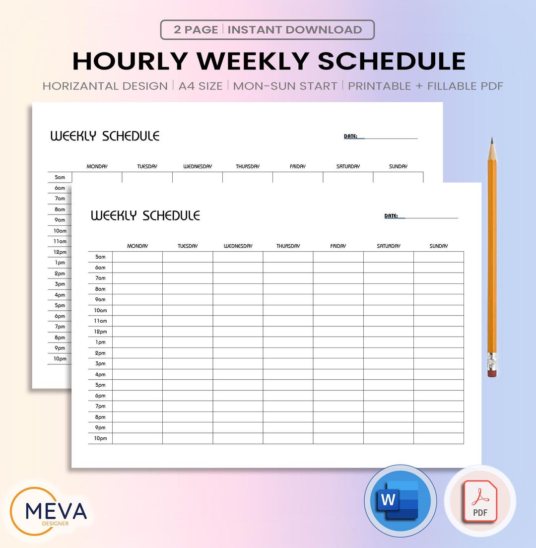 Hourly Weekly Schedule Template | Monday to Sunday Editable Planner ...