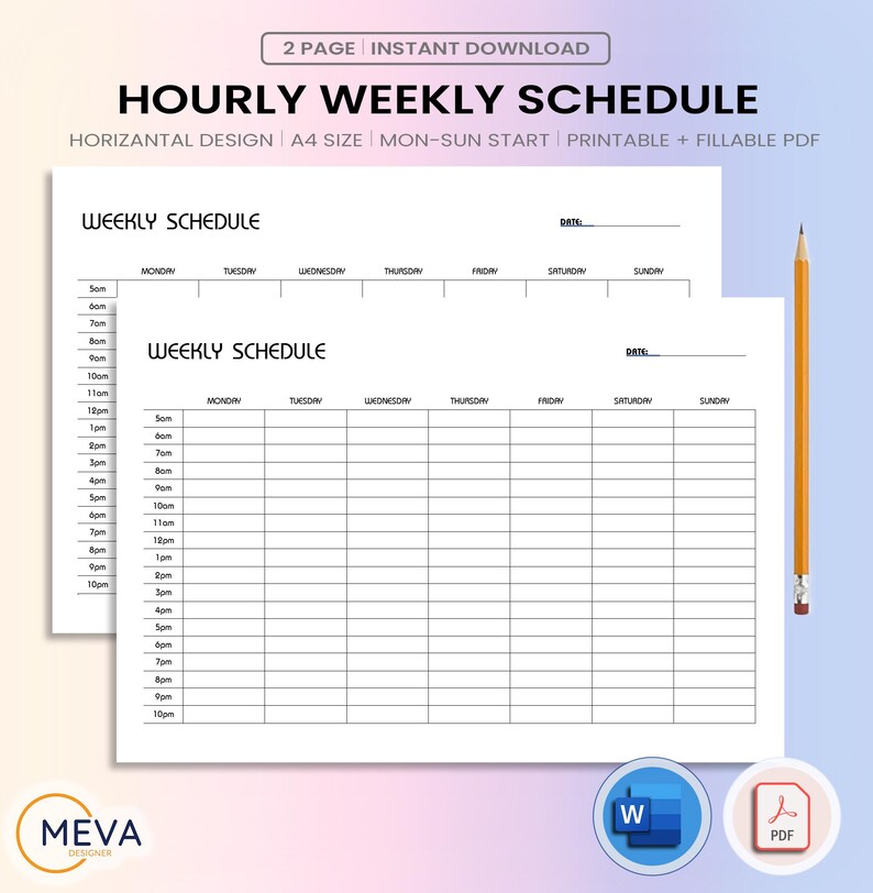 Hourly Weekly Schedule Template | Monday to Sunday Editable Planner | Customizable Time ...