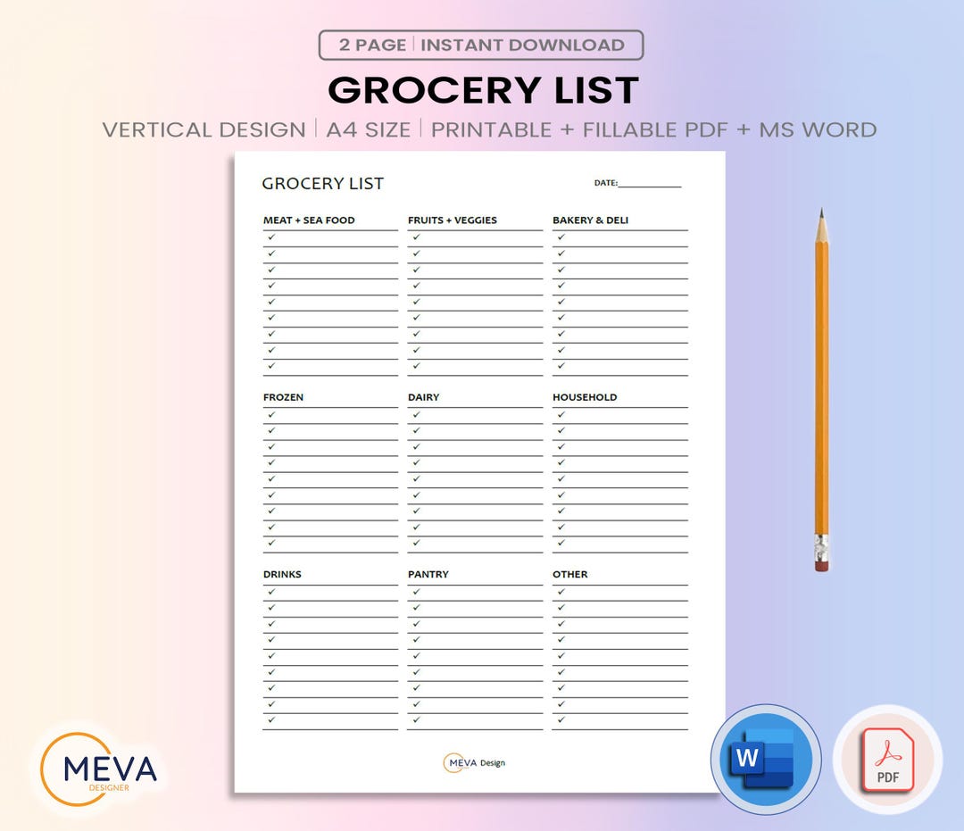Grocery List PDF & Word Template - Fully Editable, Font Included for ...
