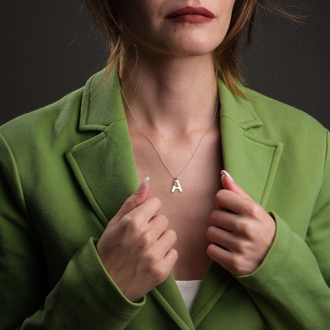 14K Gold Letter and Birthstone Necklace, Initial Pendant, Personalized ...