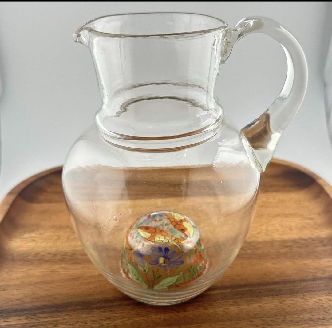 VTG Glass Pitcher Handblown Hand Painted Koi Fish Concave Bottom - Etsy