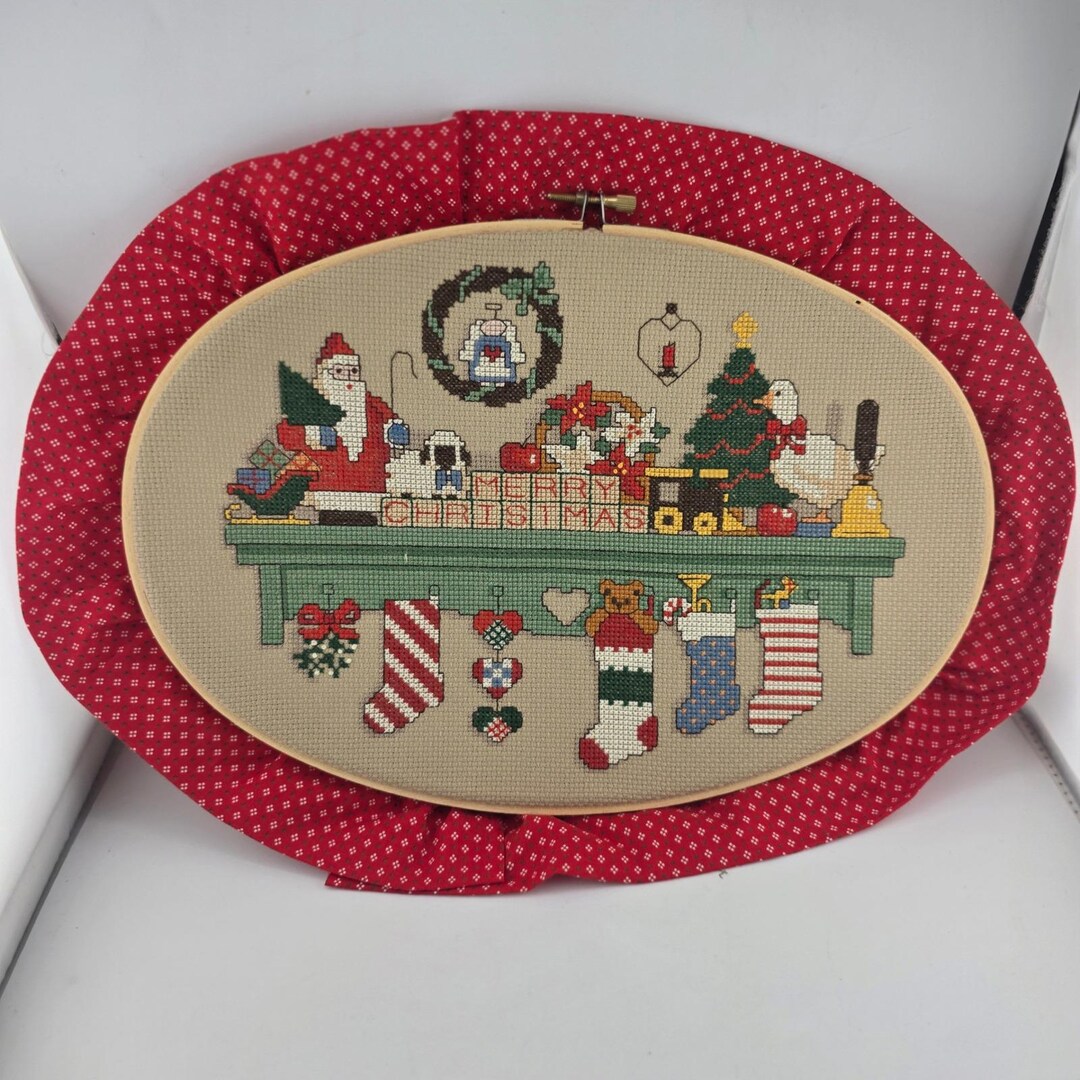 VTG Dimensions Christmas Cross Stitch Embroidery Hoop Santa Stockings ...