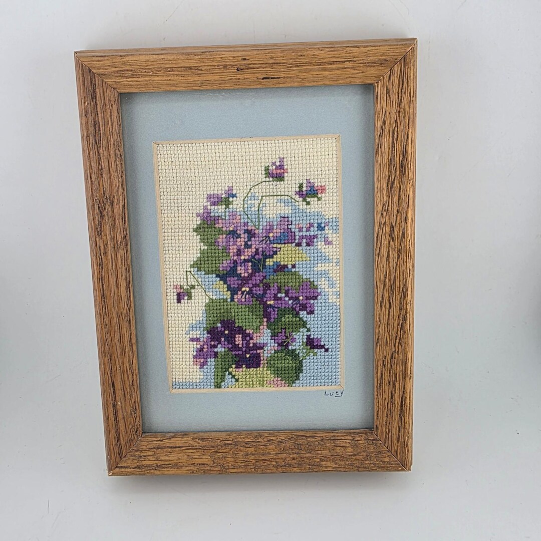 Vintage Framed Needlepoint Art Purple Violets Floral Signed Handmade - Etsy