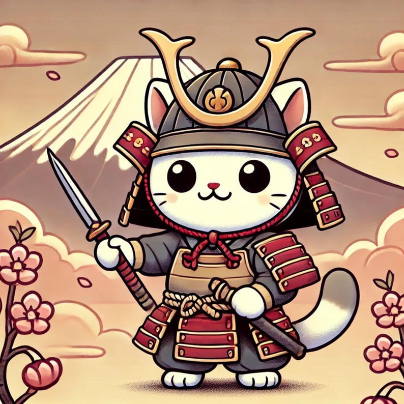 Samurai Cat T-shirt Digital Art Kawaii Cat Screen Print Printable T ...