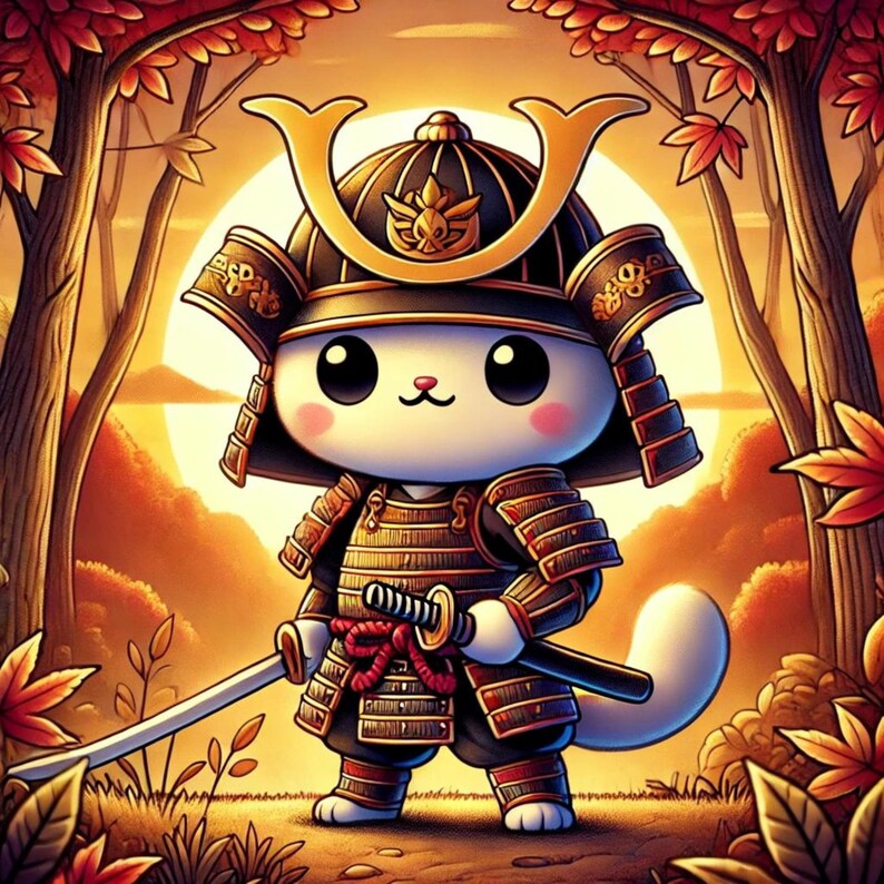 Samurai Cat T-shirt Digital Art Kawaii Cat Screen Print Printable T ...
