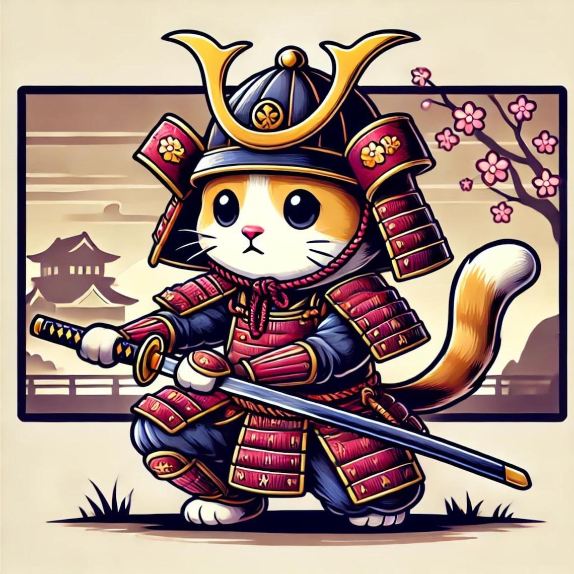 Samurai Cat T-shirt Digital Art Kawaii Cat Screen Print Printable T ...