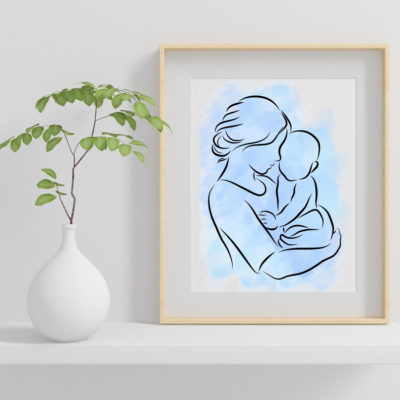 Mother and Child Minimalist Line Art With Blue Watercolor Background ...