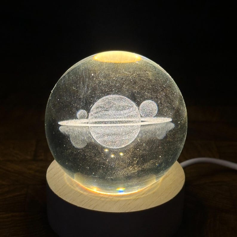 Holographic Solar System Crystal Sphere: Saturn Moon Carving, USB Base ...
