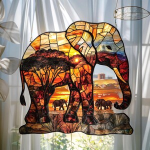 Elephant Safari Acrylic Suncatcher - Faux Stained Glass Wildlife Window ...