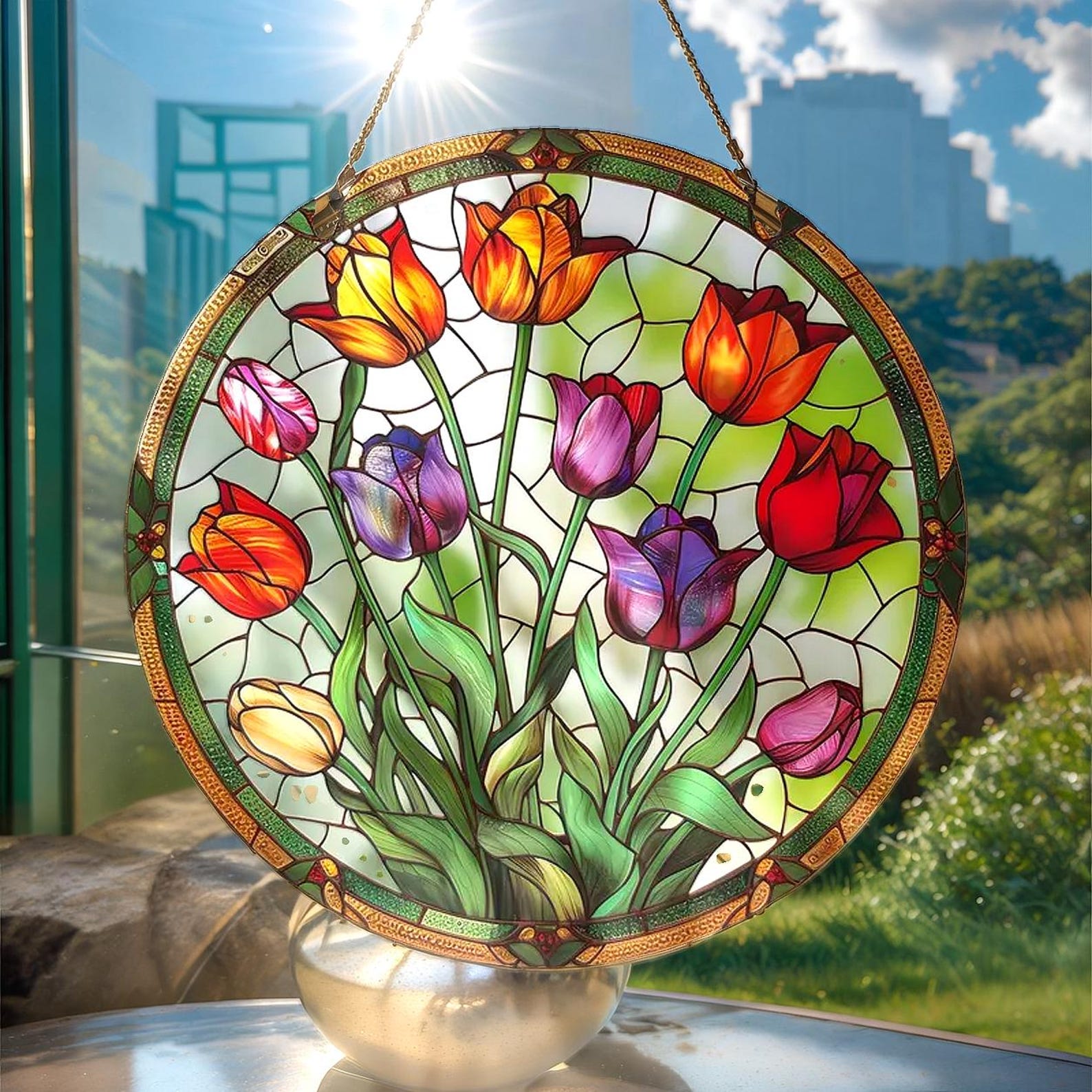 Tulip Suncatcher - Stained Glass Effect Acrylic Window Hanging - Floral ...