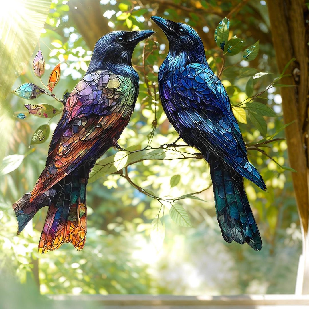 Raven Pair Suncatcher - Stained Glass Effect Acrylic Window Hanging ...