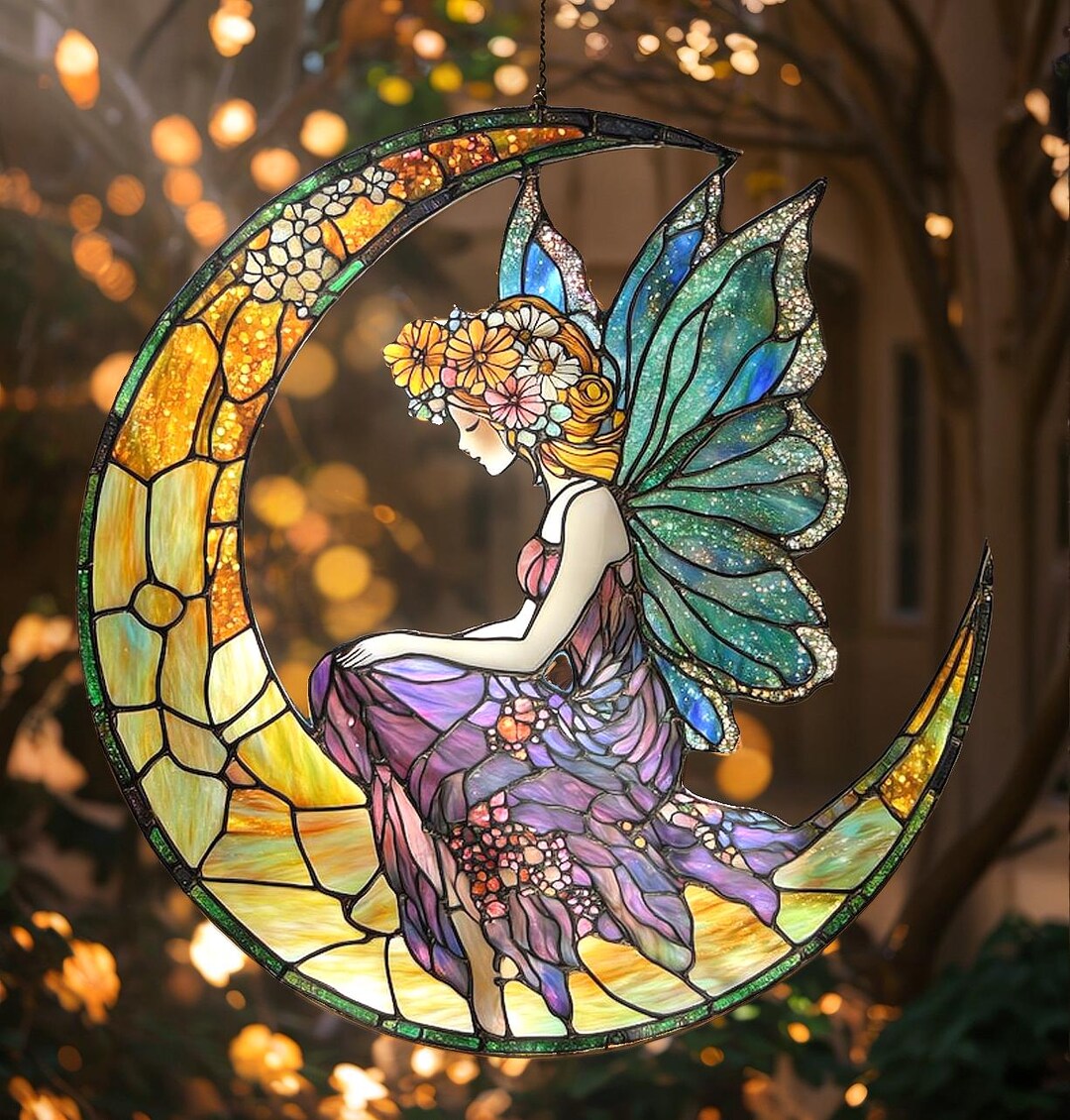 2D Fairy Flower Acrylic Window Hanging, Moon Stained Glass Decoration ...